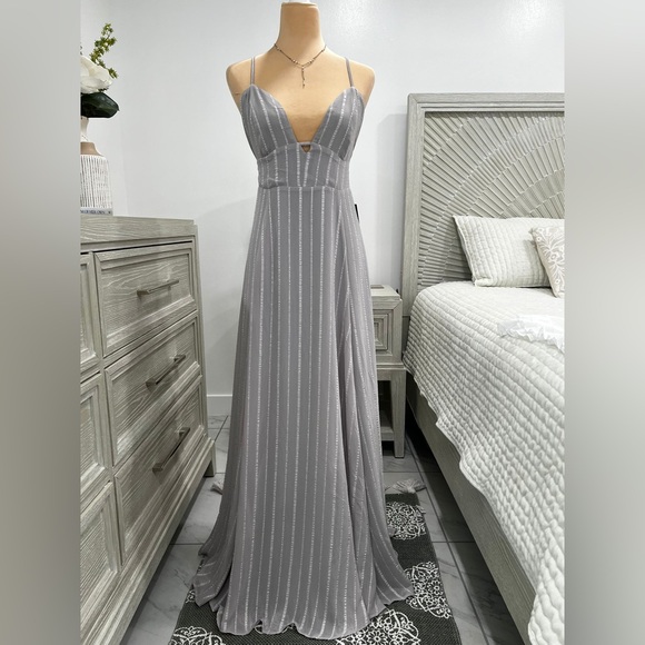 Lulus | Dresses | Lulus Gray And Silver Plunge Neck Maxi Gown Size Ml ...